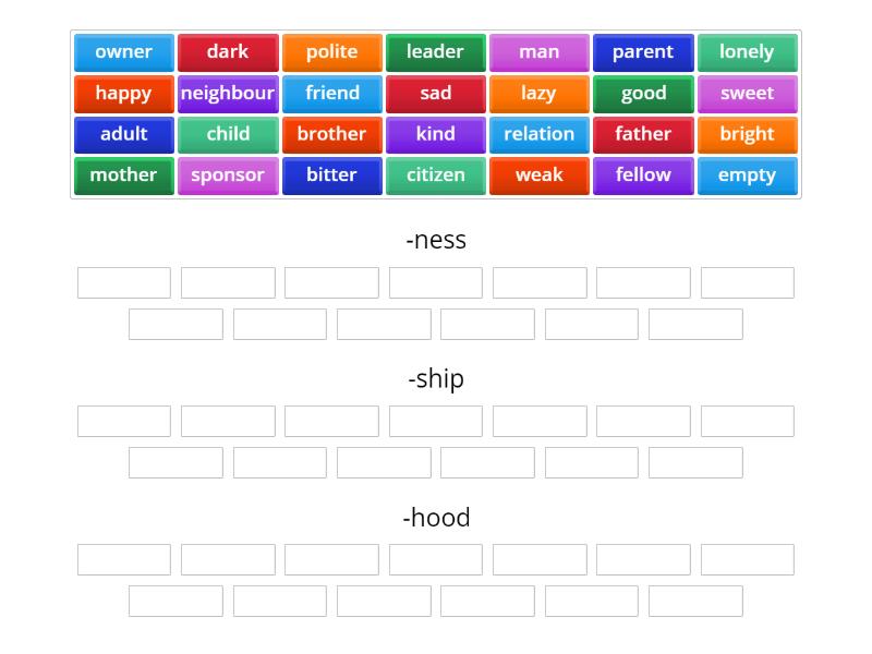 Suffixes -ness, -ship, -hood - Ordenar por grupo