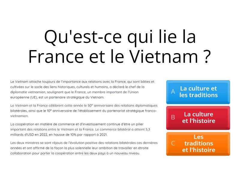 Compréhension écrite: Les liens entre la France et le Vietnam - Quiz
