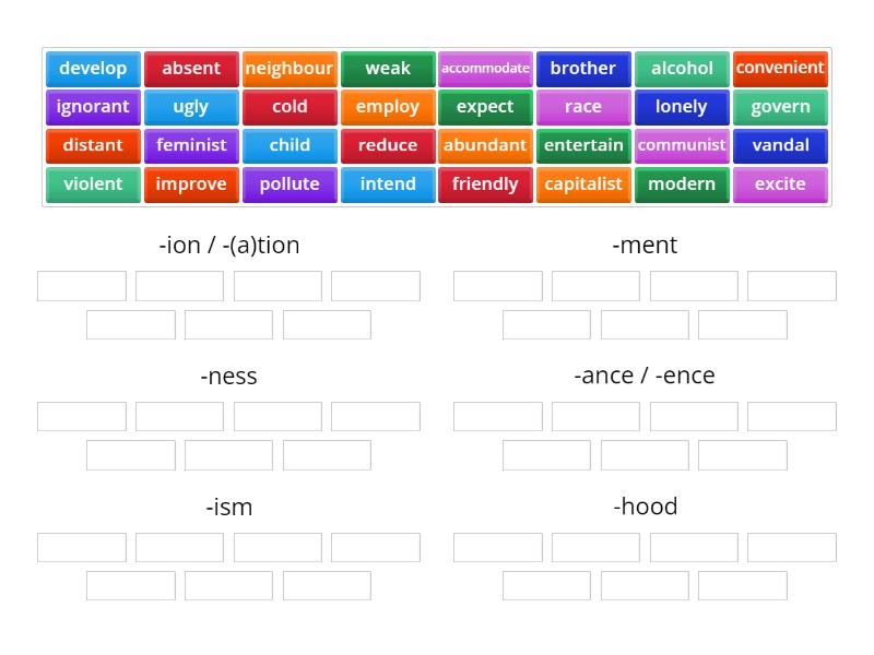 English 1 Word Formation: Noun Suffixes - Group sort