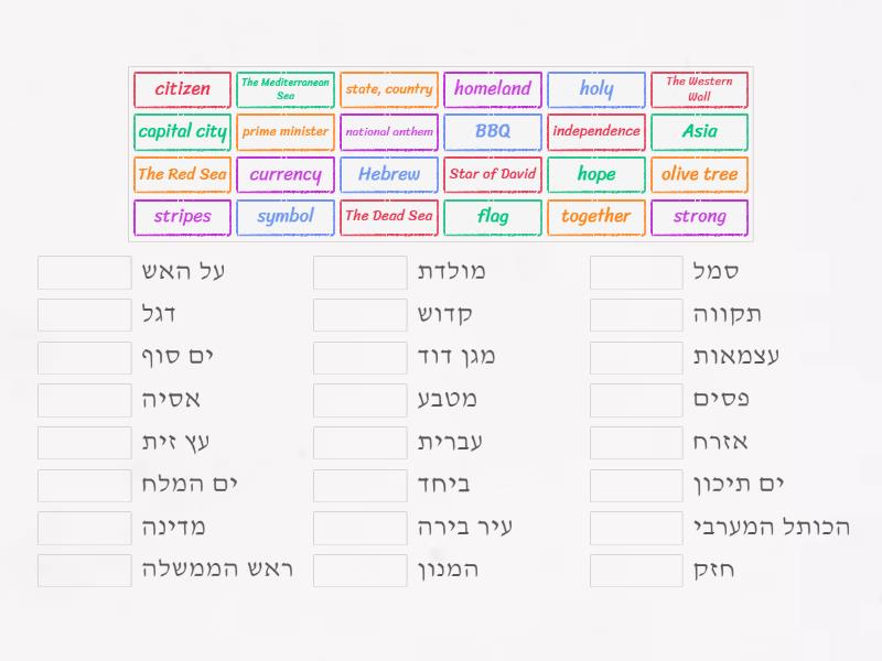 Israel Independence day - Vocabulary - Match up