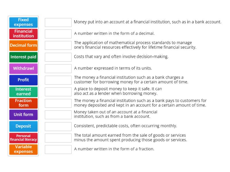 Financial Literacy Vocabulary - Une las parejas