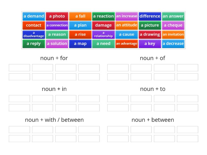 Murphy Intermediate Unit 129 noun + prepositions - Group sort