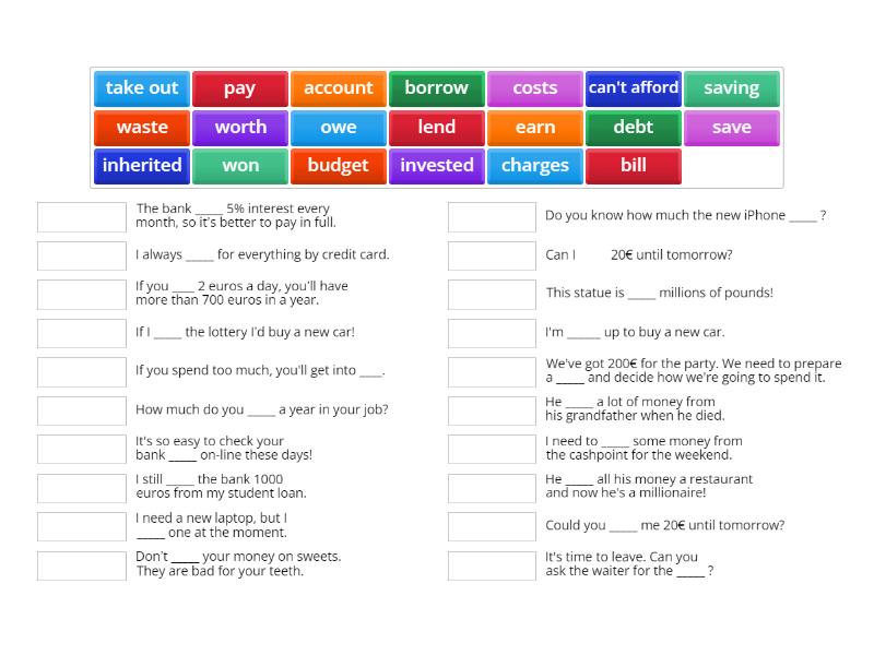 Money Complete the Sentence - Match up