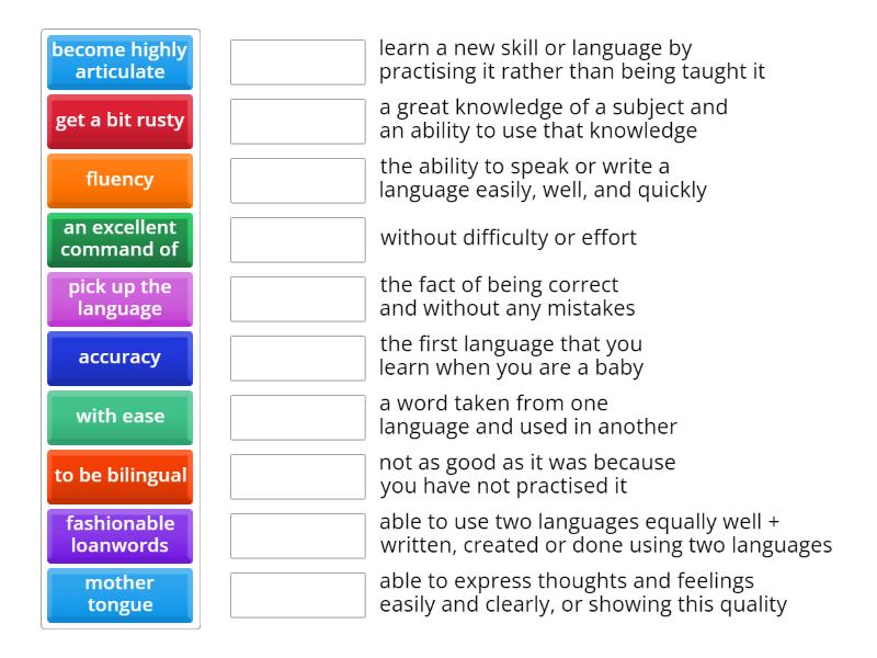 Complete Advanced - Unit 2. Mastering languages - matching definitions ...