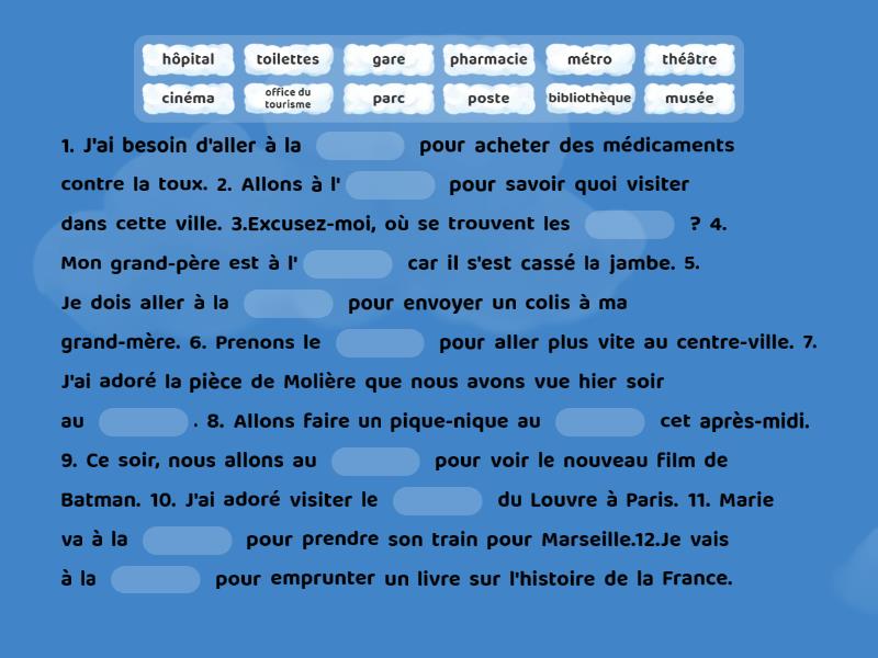 Les endroits en ville - Complete the sentence