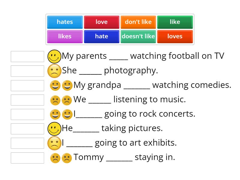 Unit 6_L1_like/love/hate/don't like/doesn't like Ving - Match up