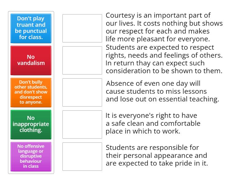 VOCABULARY SCHOOL RULES - Match up