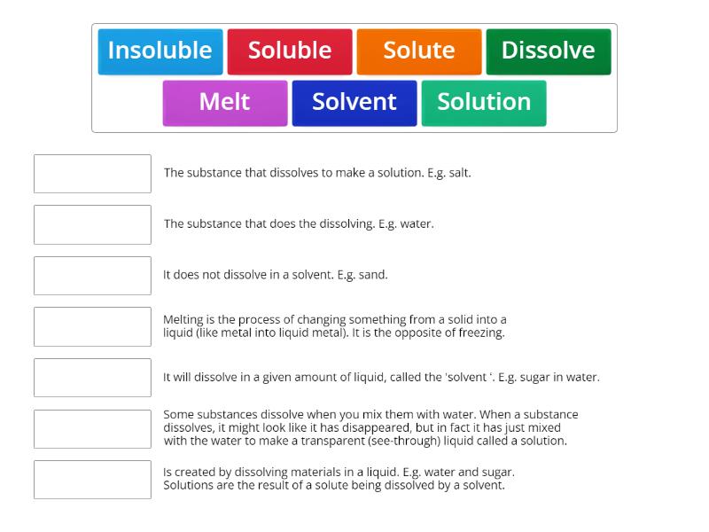 Insoluble and Soluble Vocabulary Quiz - Match up