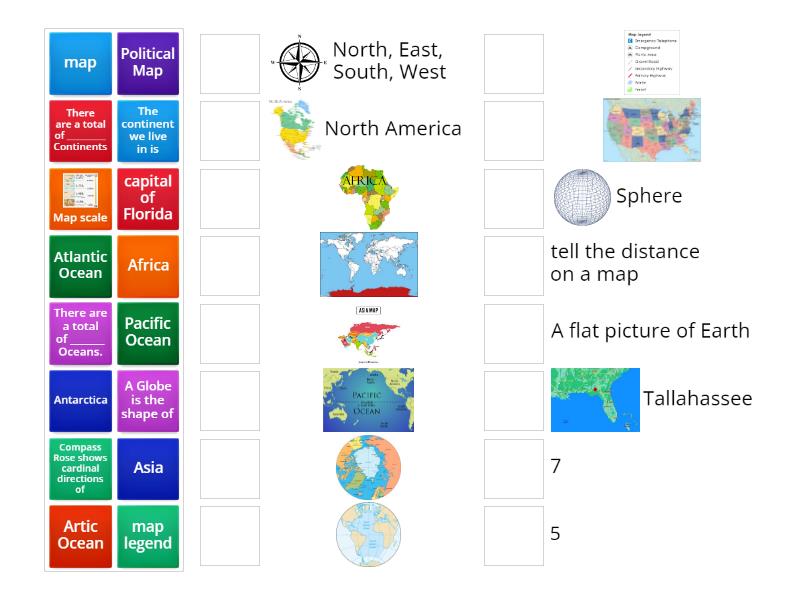 Maps, Globes, Continents and Oceans - Match up