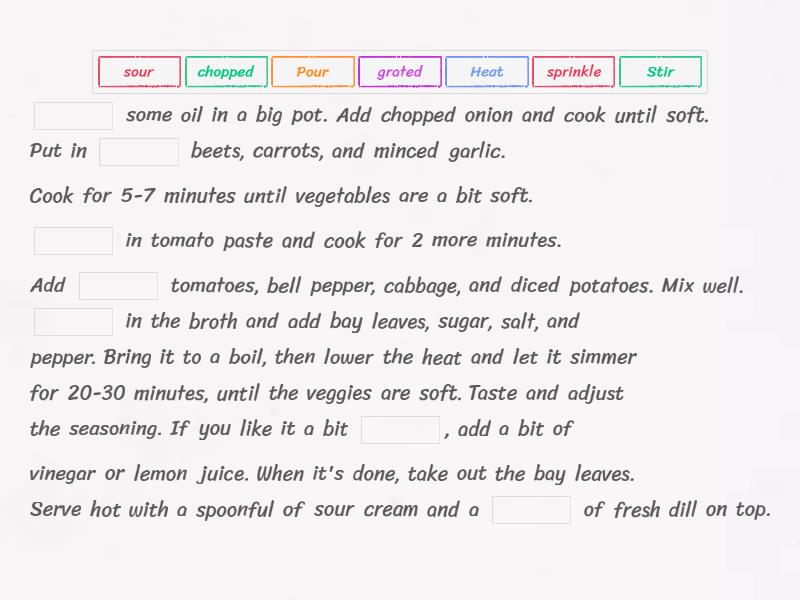 Cooking verbs: borsch recipe - Complete the sentence