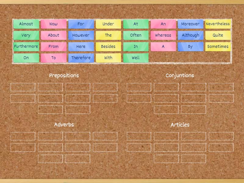 Word classes - Prepositions, Adverbs, Articles, Conjunctions - Group sort