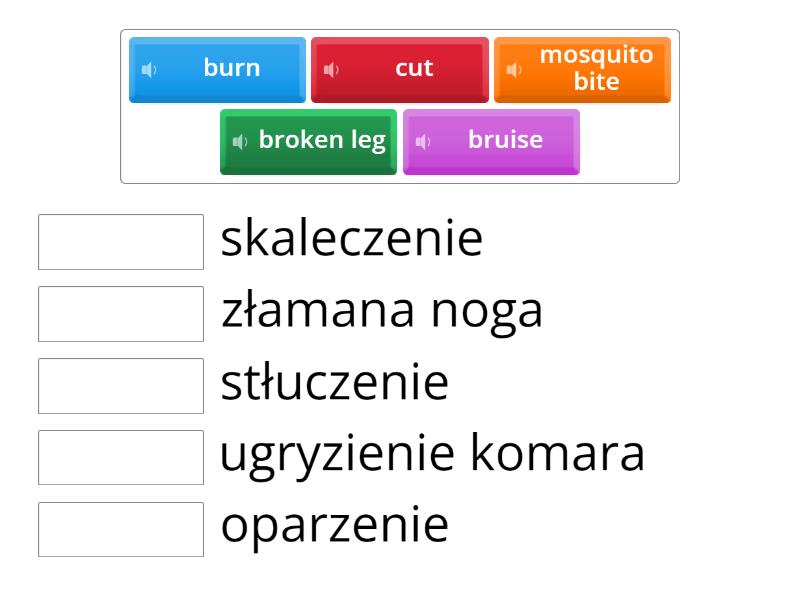 English Class A2, Unit 5, Urazy - Une las parejas