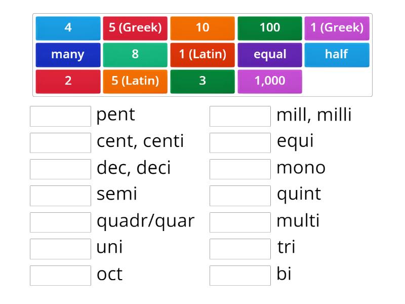 Greek and Latin Number roots - Match up