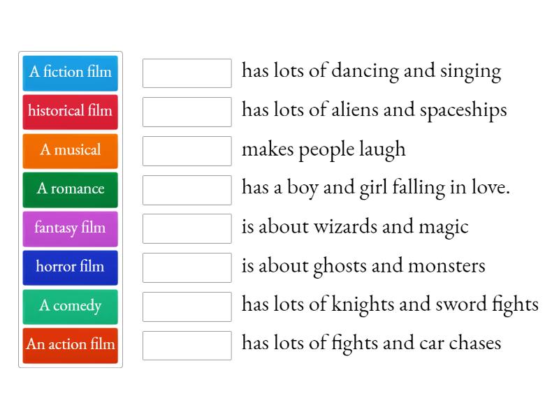 Match the types of film 1-8 with the descriptions a-h. - Match up