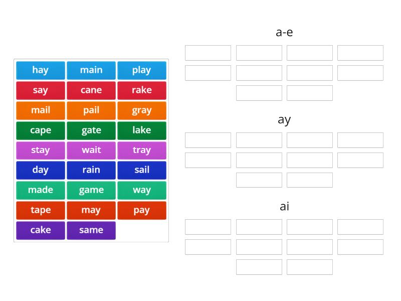 long "vowel a" word sort (a-e, ay, ai) - Group sort