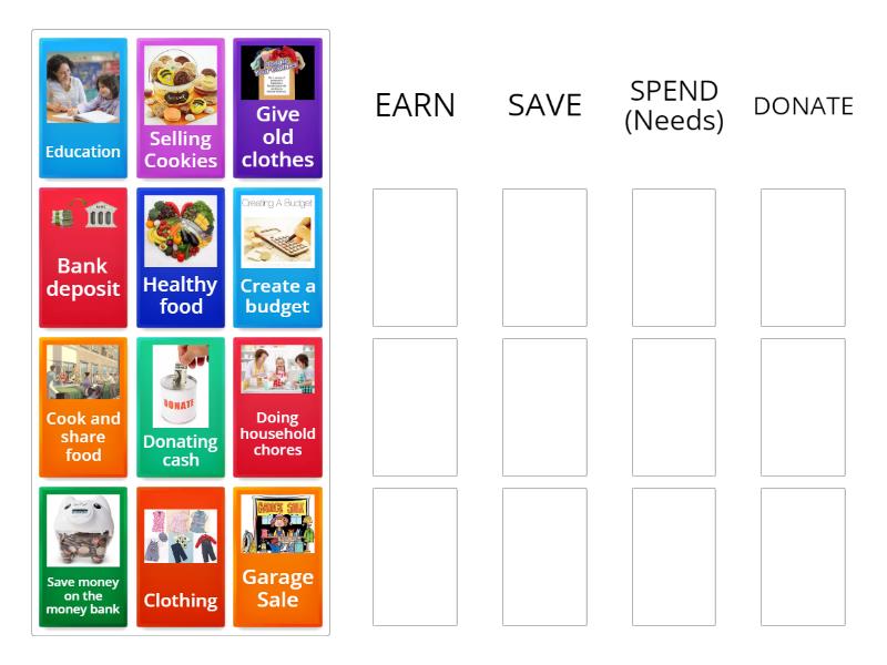 EARN. SAVE. SPEND. DONATE - Group sort