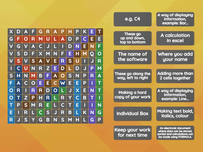 Excel Spreadsheets - With Clues - Wordsearch