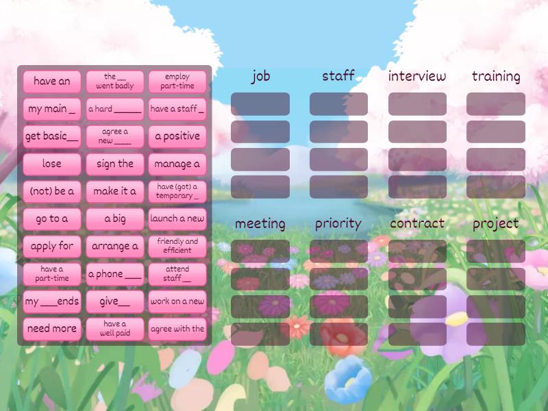 Outcomes pre-intermediate, unit 1_jobs collocations - Group sort