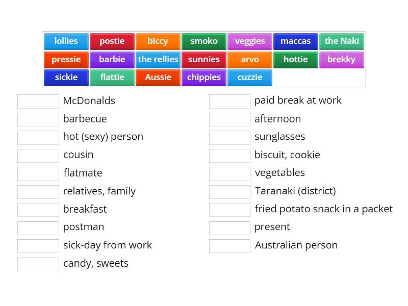 Kiwi Slang 1 - shortened words - Сопоставить