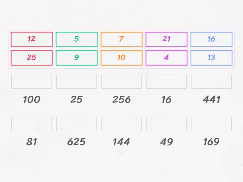 Match the correct Square & Square root. - Match up