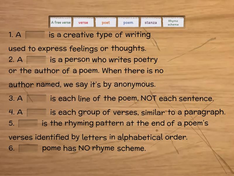 8th - Poetry Structure - Concepts - Complete the sentence