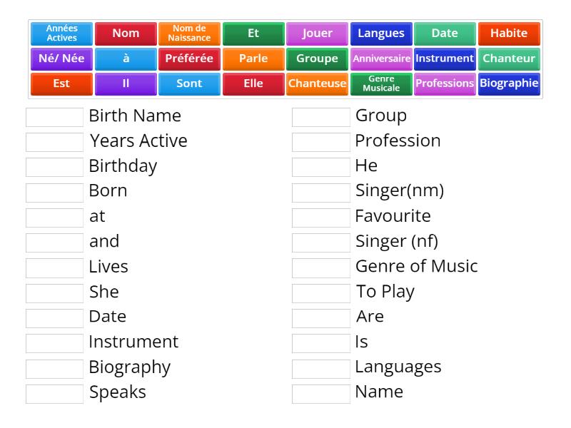 Gr6- French Biography Vocabulary - Match up