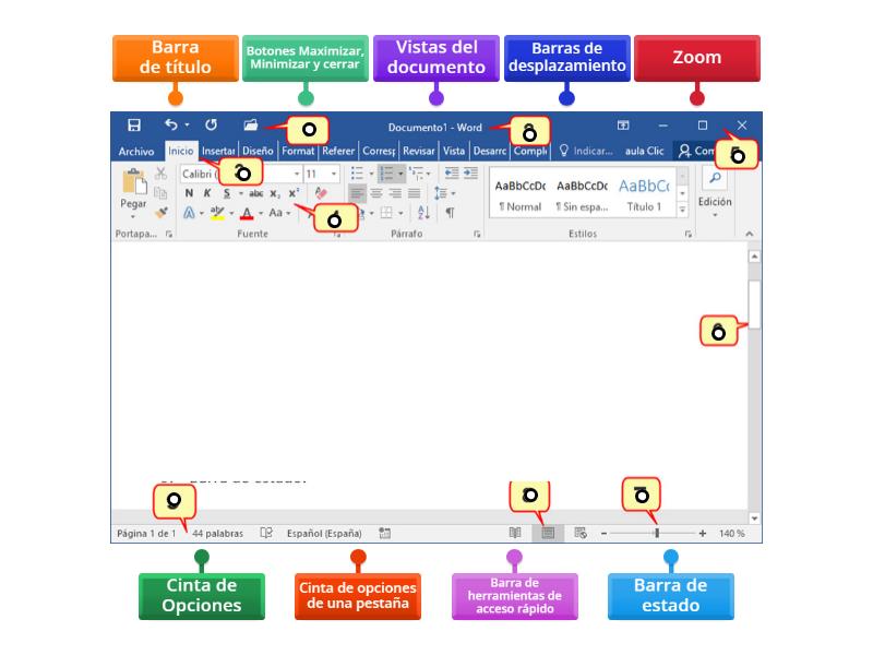 Partes de Microsoft Word 2019 - Diagrama con etiquetas