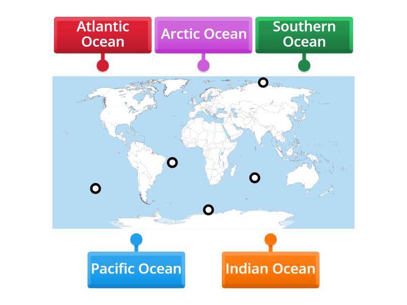 Label the major oceans of the world on the map - Labelled diagram