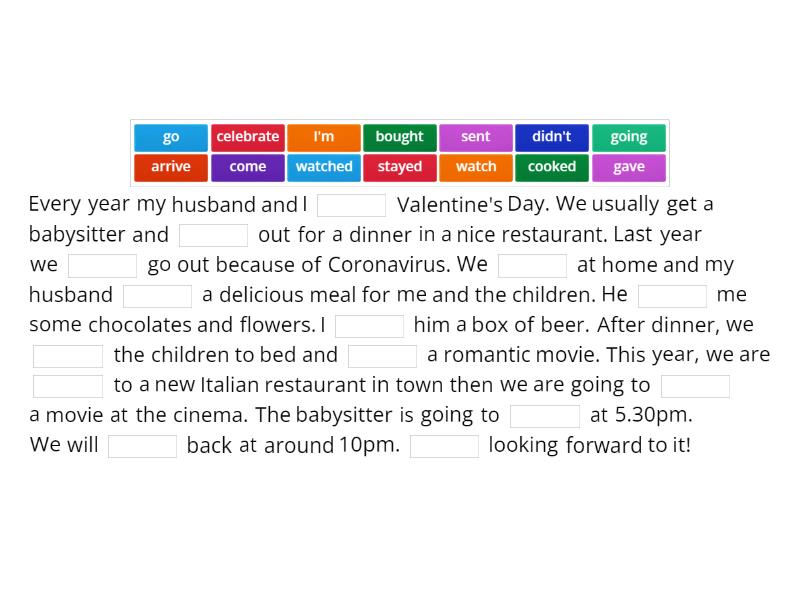 Valentine's Day past, present and future tense - Complete the sentence