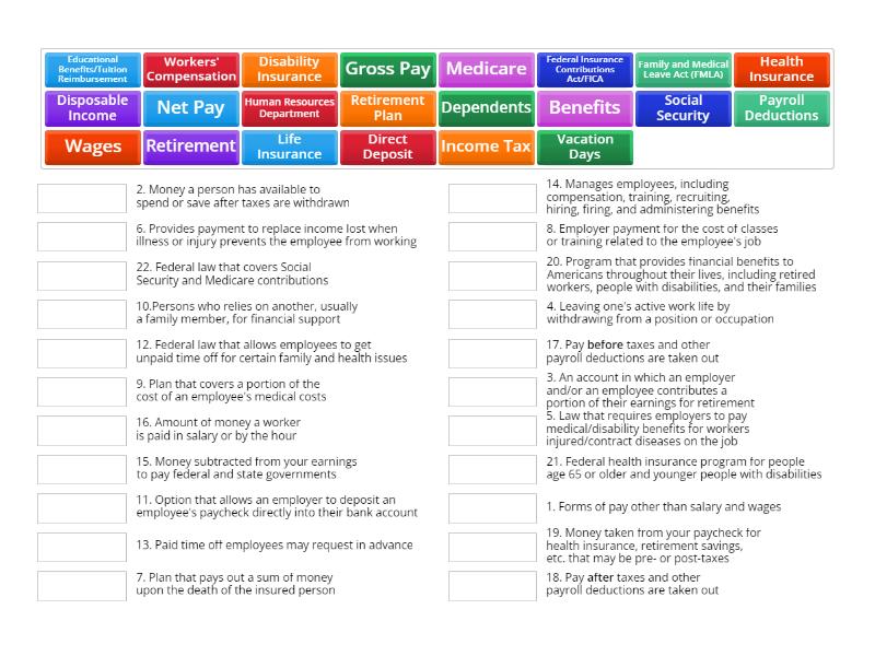 Job Benefits Vocabulary - Match up
