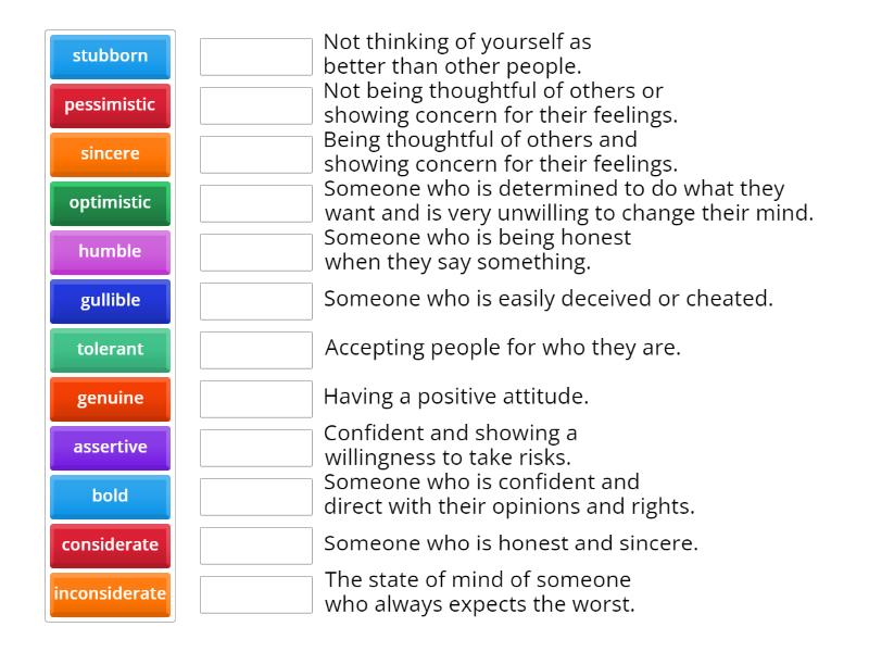 Character Trait Vocabulary Words - Match up