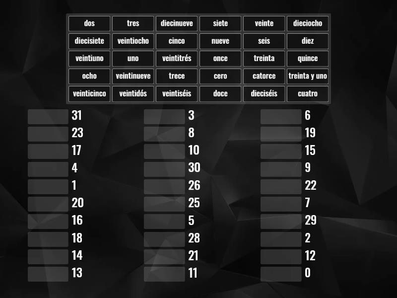 Los números 1-31 en español - Match up