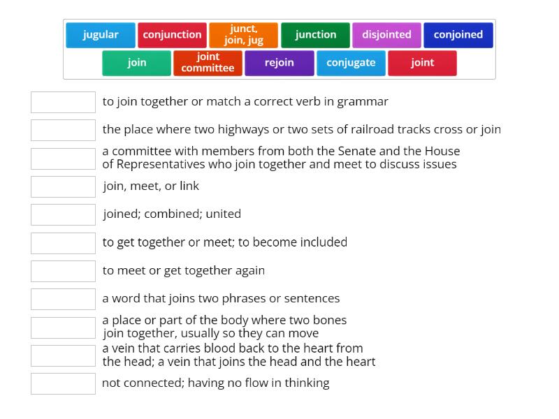 junct, join, jug - Match up
