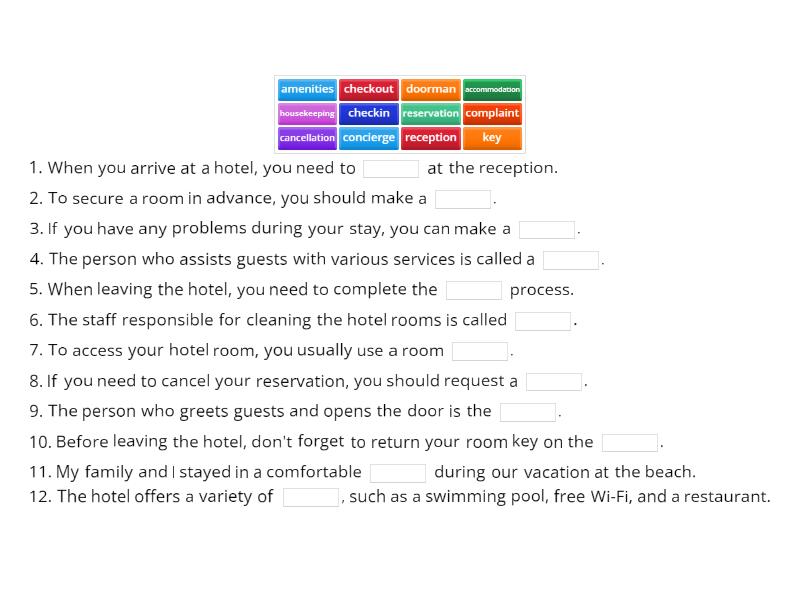 Hotel Vocabulary Part 2 - Complete the sentence