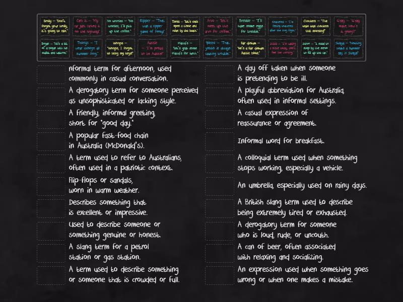 VOCABULARY: IN CONTEXT - AUSSIE SLANGS - Match up