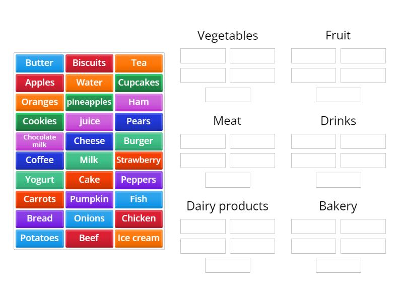 Classify the food and drinks. - Group sort
