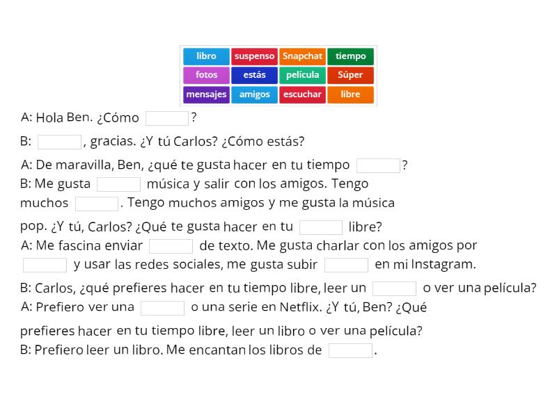 Spanish 2. Reading Comprehension. Free time activities. - Missing word