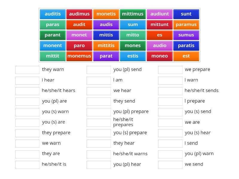 parare, audire, monere, mittere and esse present tense - Match up