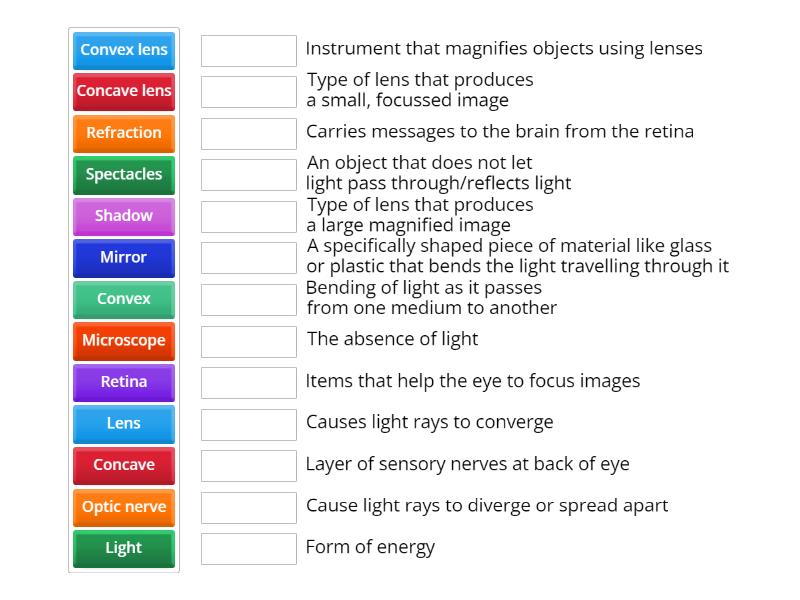 Lenses and Light grade 8 - Match up