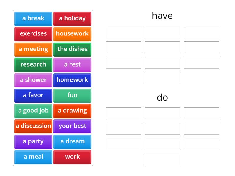 Verb collocations w 'have' and 'do' - Group sort