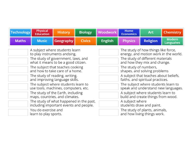 School Subjects-Definitions - Match up