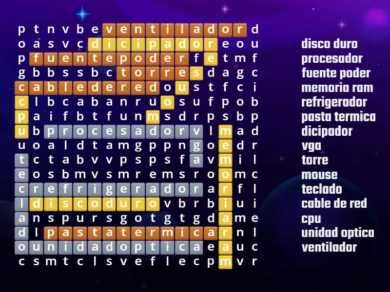 elementos del pc - Sopa de letras
