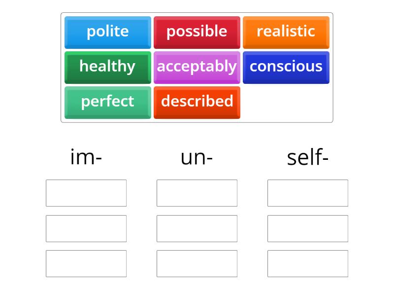 Match the prefix with its base word to form a new word. - Group sort