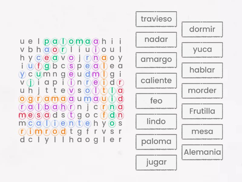 Encuentra sustantivos , adjetivos y verbos. - Sopa de lletres