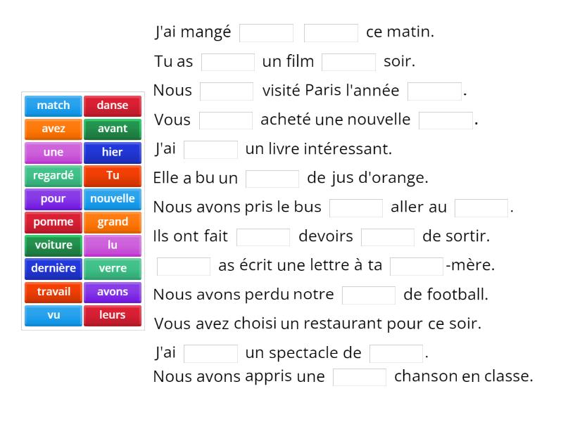 YEAR 9 FRENCH MES PASSETEMPS - Complete the sentence