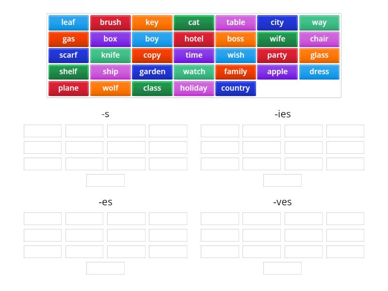 Plural nouns -s, -es, -ies, -ves - Group sort