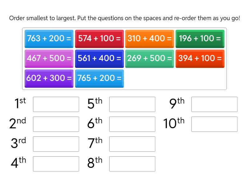 Ordering with 3-digit addition - Rank order
