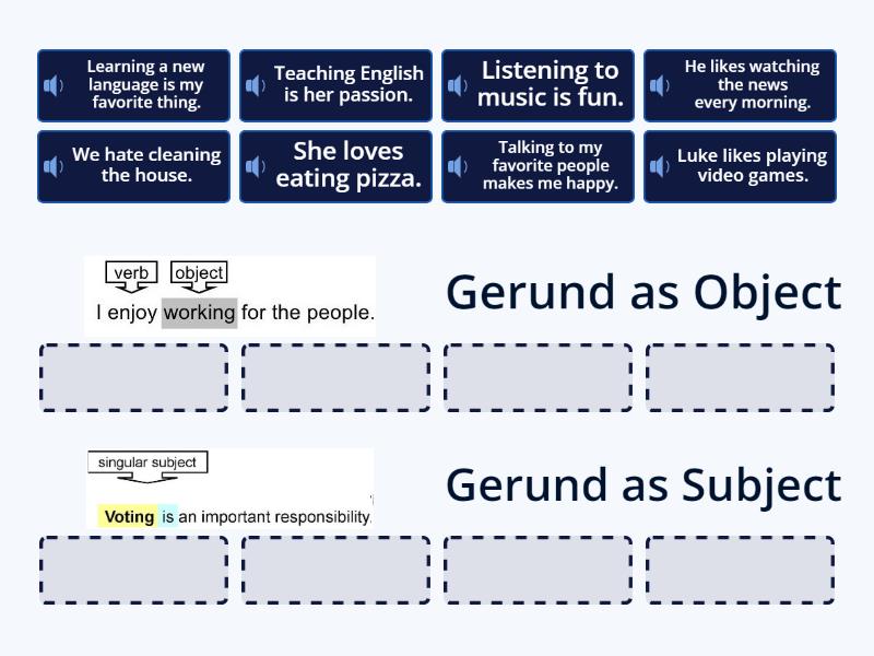 Gerund Phrases as Subjects and Objects - Group sort