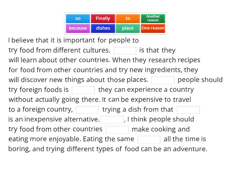 Paragraph - Why people should try food from other countries - Missing word