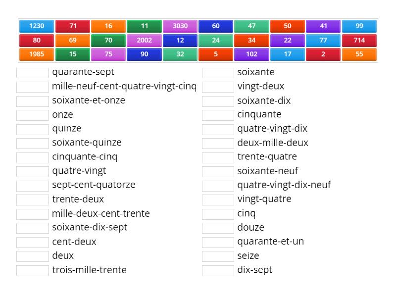 Les nombres en français - Apparier
